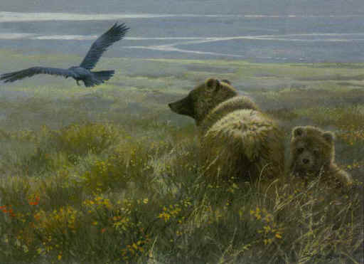 Denali Encounter - Grizzly, Cub and Raven by John Seerey-Lester